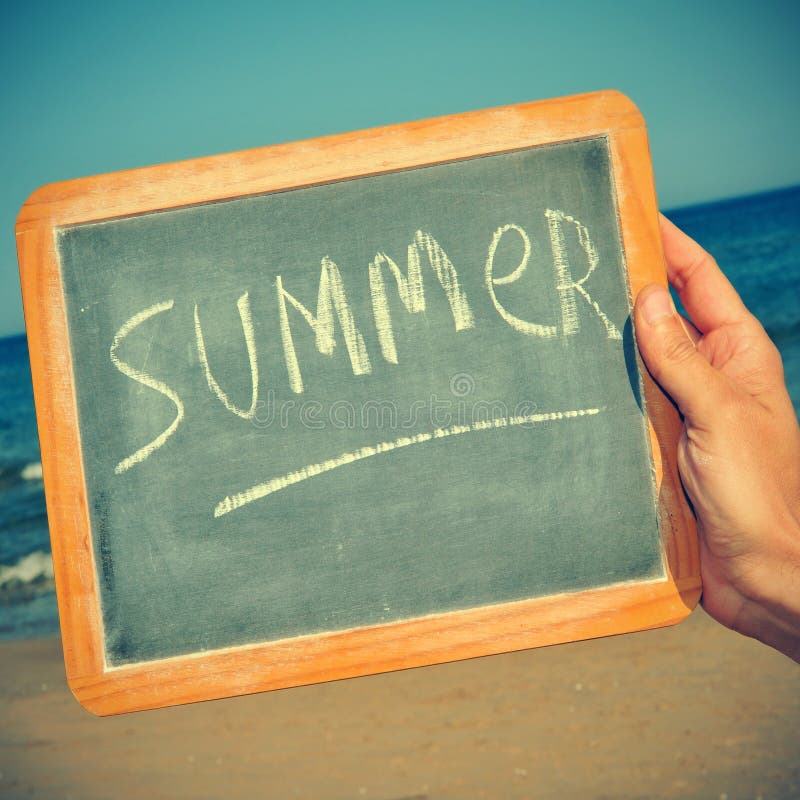 Summer Hours Sign on Standing Chalkboard with Sky Stock Image - Image ...