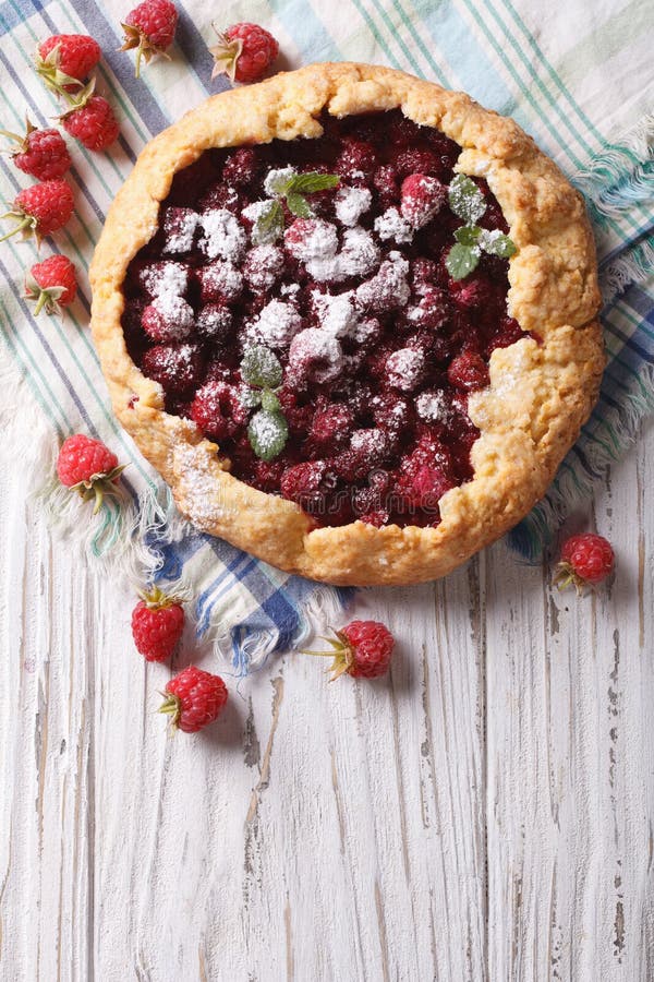 Summer Pie with Raspberries and Mint Vertical Top View Stock Photo ...