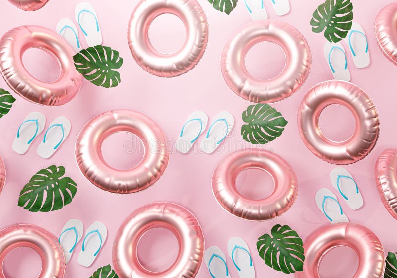 Summer Pink Background. Flip Flops, Leaf and Inflatable Swimming Ring ...