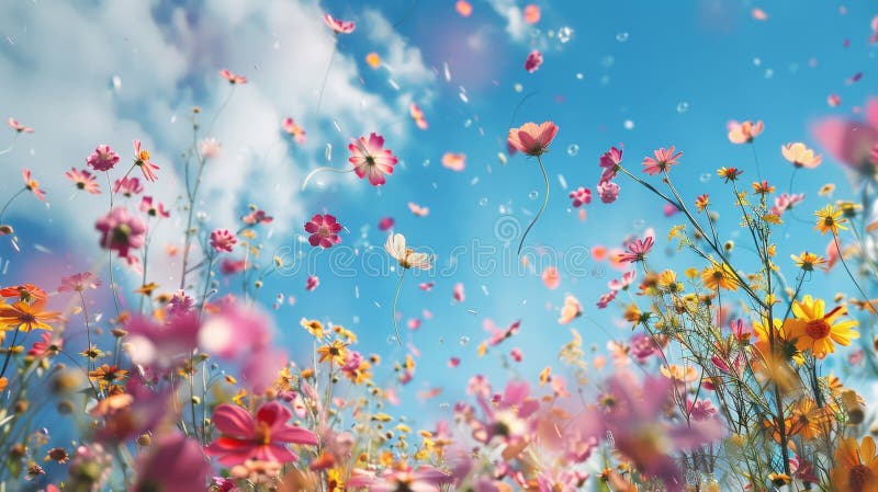 Summer Pink Flowers Falling from Blue Clouds Sky Stock Illustration ...