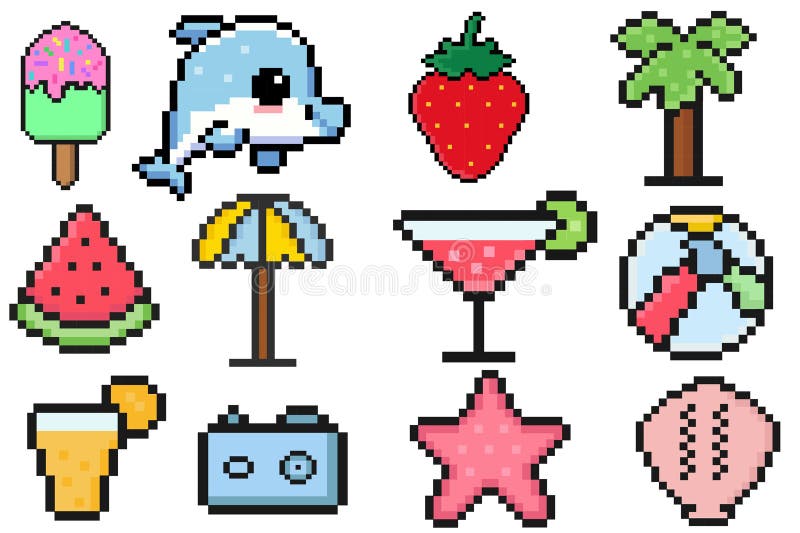 Summer Pixel Set of Icons, Vintage, 8 Bit, 80s, 90s Games 90s Games ...