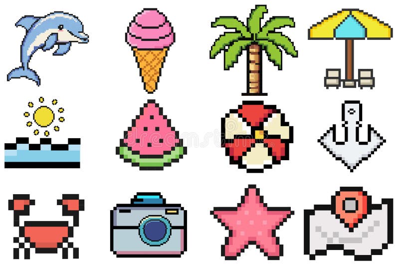 Summer Pixel Set of Icons, Vintage, 8 Bit, 80s, 90s Games, Computer ...