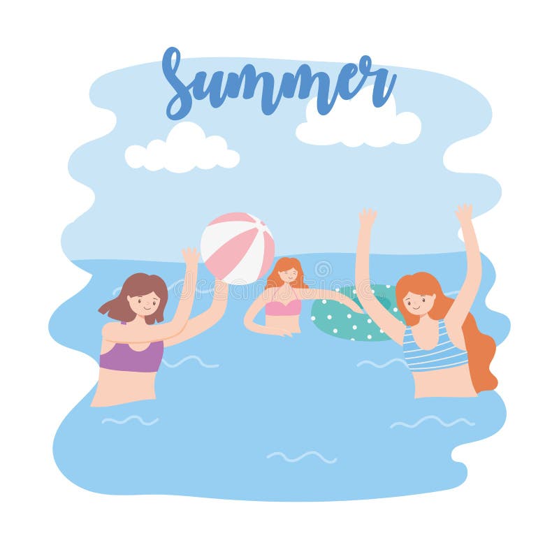 Summer Pool with Girls and Inflatable, Playing Ball Stock Vector ...