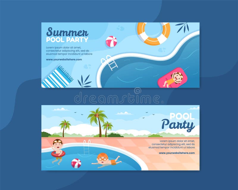 Summer Pool Party Horizontal Banner Template Cartoon Background Vector ...