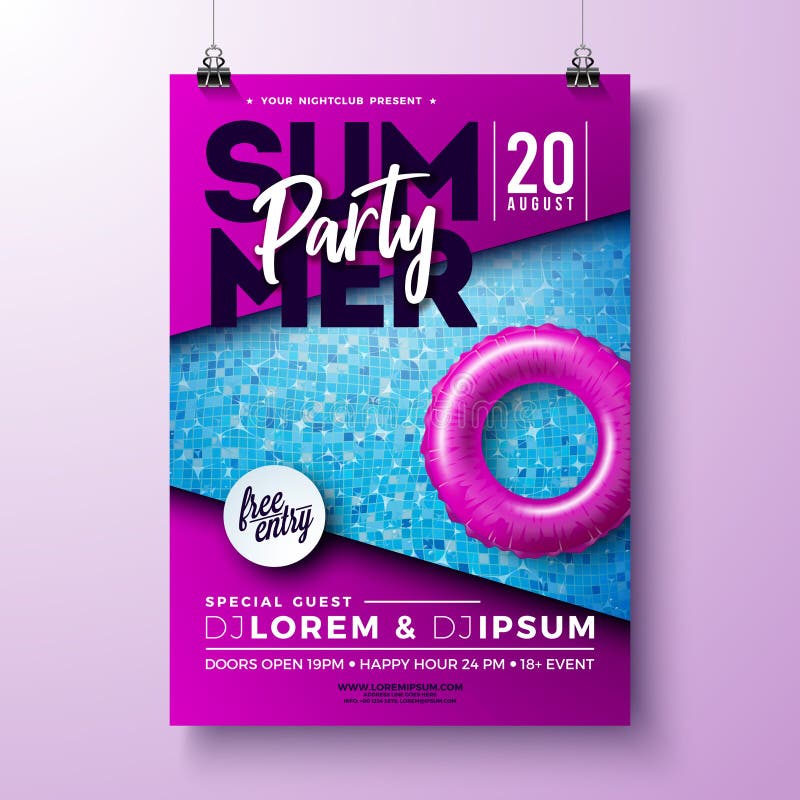Summer Pool Party Poster Design Template with Float on Water in the ...