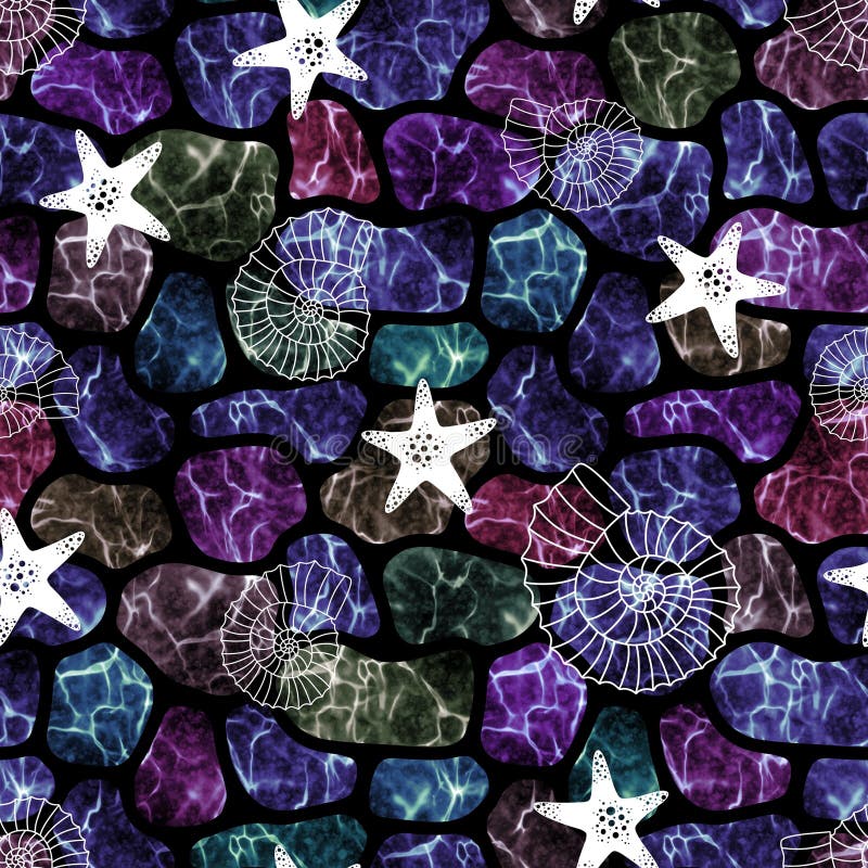 Summer Print Seamless Starfish and Shells and Stones Pattern for ...