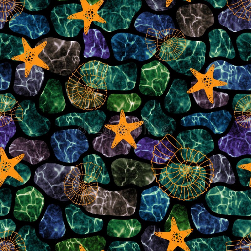 Summer Print Seamless Starfish and Shells and Stones Pattern for ...