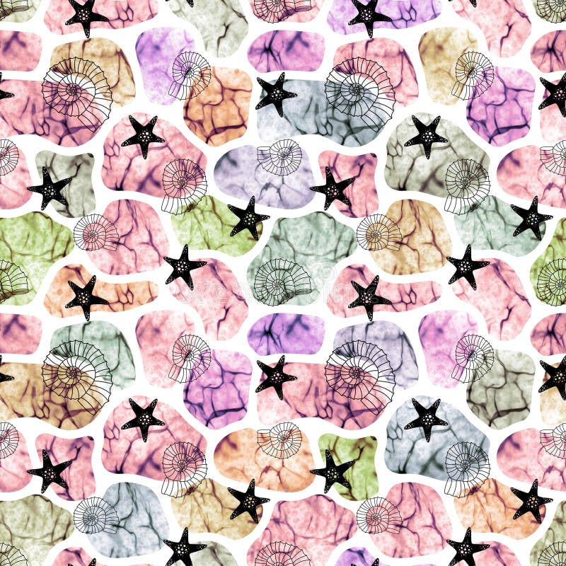 Summer Print Seamless Starfish and Shells and Stones Pattern for ...