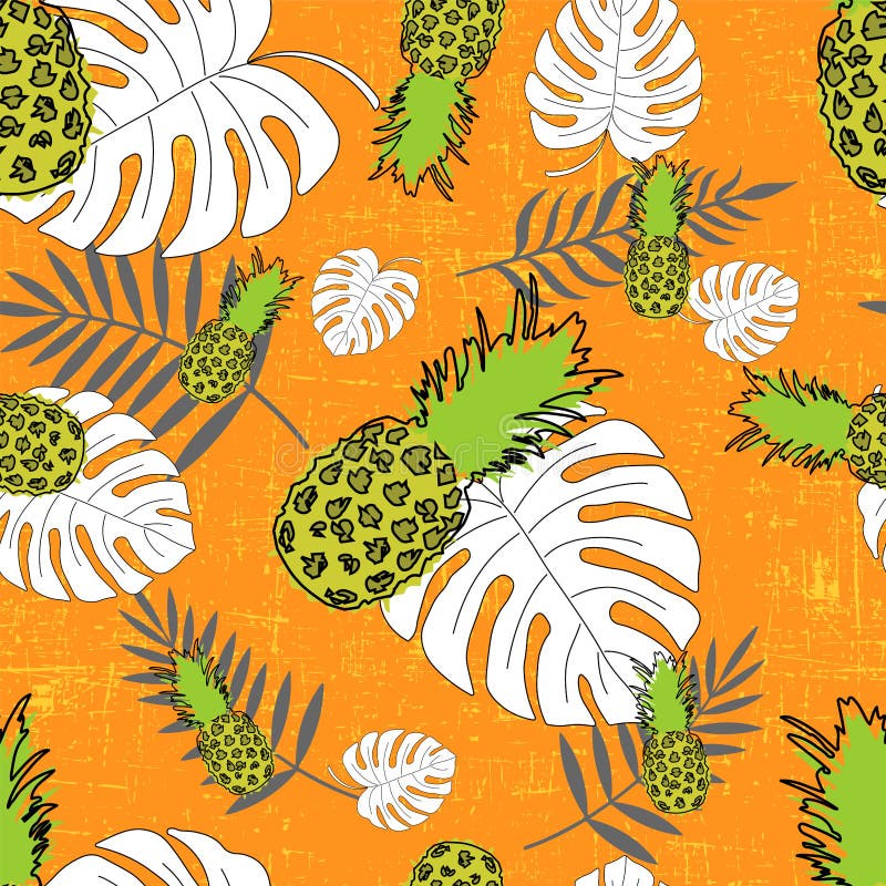 Summer Print for Textile with Pineapple, Leaves and Grunge Texture ...