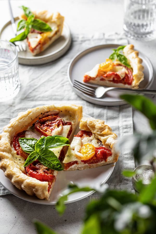 Summer Puff Pastry Tart with Tomato, Mozzarella and Bazil, Composition ...