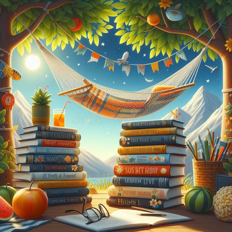 Summer Reading List Stack of Books with Summer Themed Covers a H Stock ...