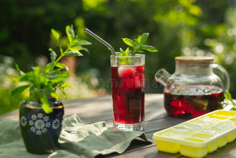 Summer Red Hibiscus Iced Tea Outdoors. Stock Image - Image of cold ...