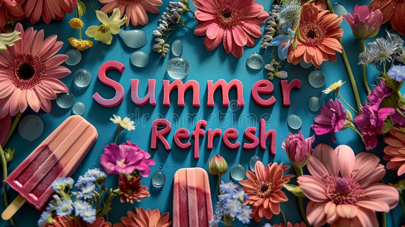 Summer Refresh Concept with Flowers, Popsicles and Turquoise Background Stock Illustration ...