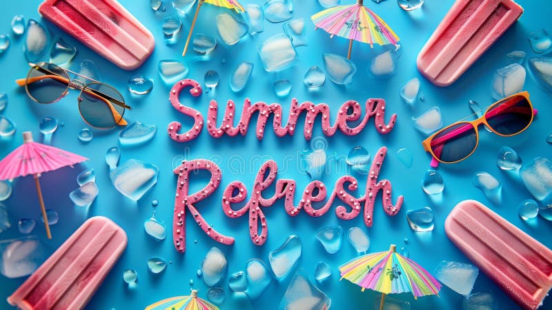 Summer Refresh Written in Pink with Popsicles, Sunglasses and Mini ...