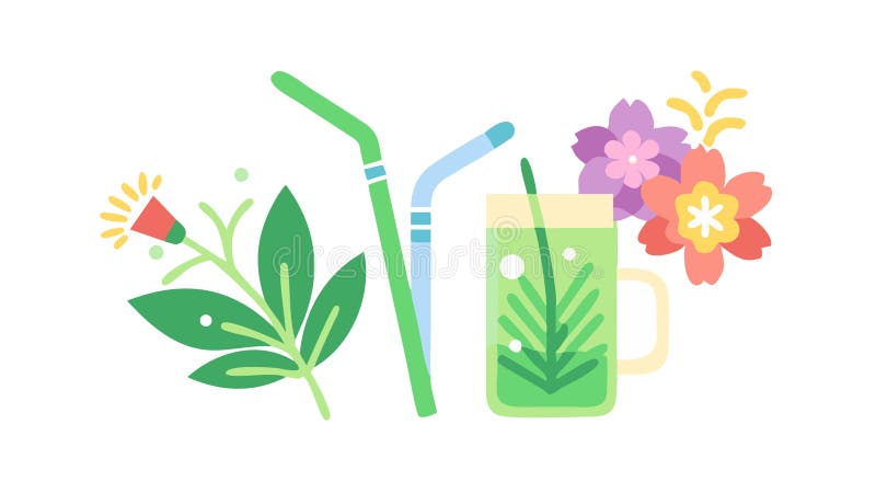 Summer Refreshment, Green Drink with Flowers Icon, Vector Design ...