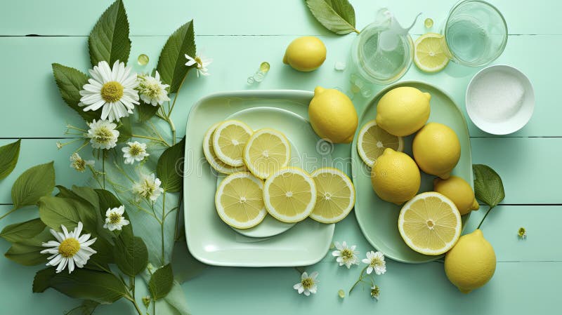 Summer Refreshment: Ice Cold Lemonade with Fresh Lemons and Daisies on ...