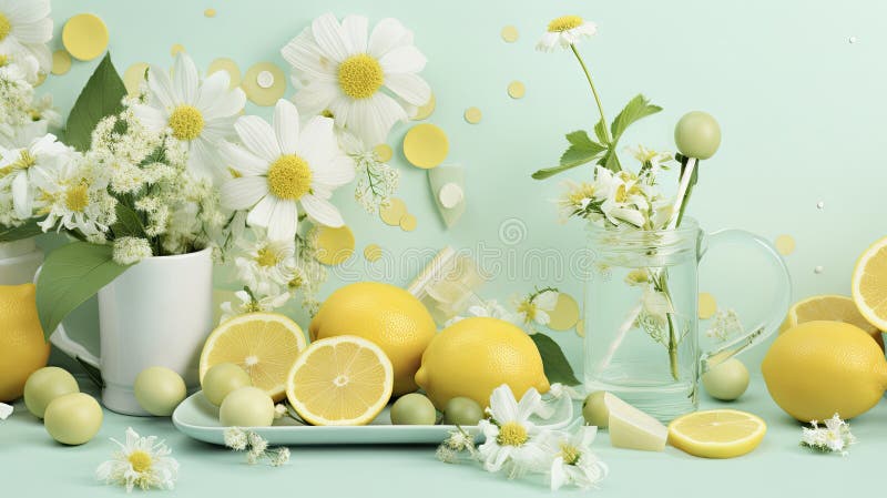 Summer Refreshment: Ice Cold Lemonade with Fresh Lemons and Daisies on ...