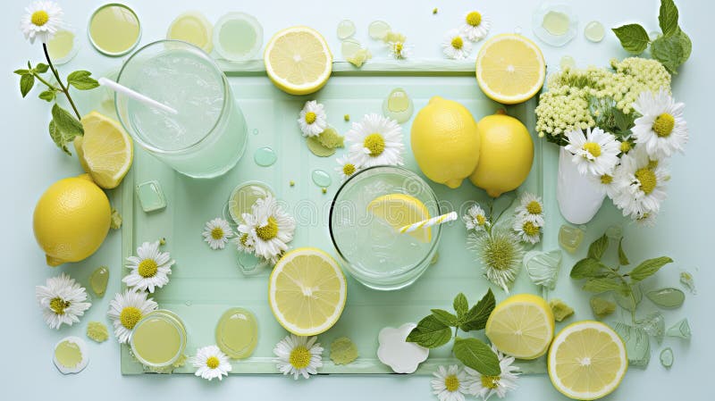 Summer Refreshment: Ice Cold Lemonade with Fresh Lemons and Daisies on ...