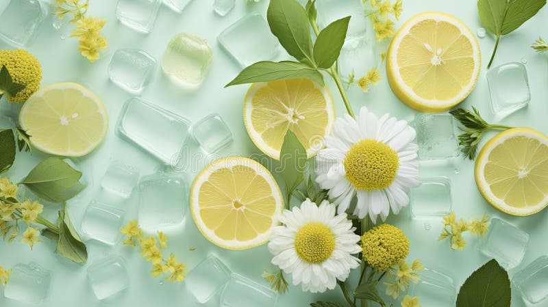 Summer Refreshment: Ice Cold Lemonade with Fresh Lemons and Daisies on ...