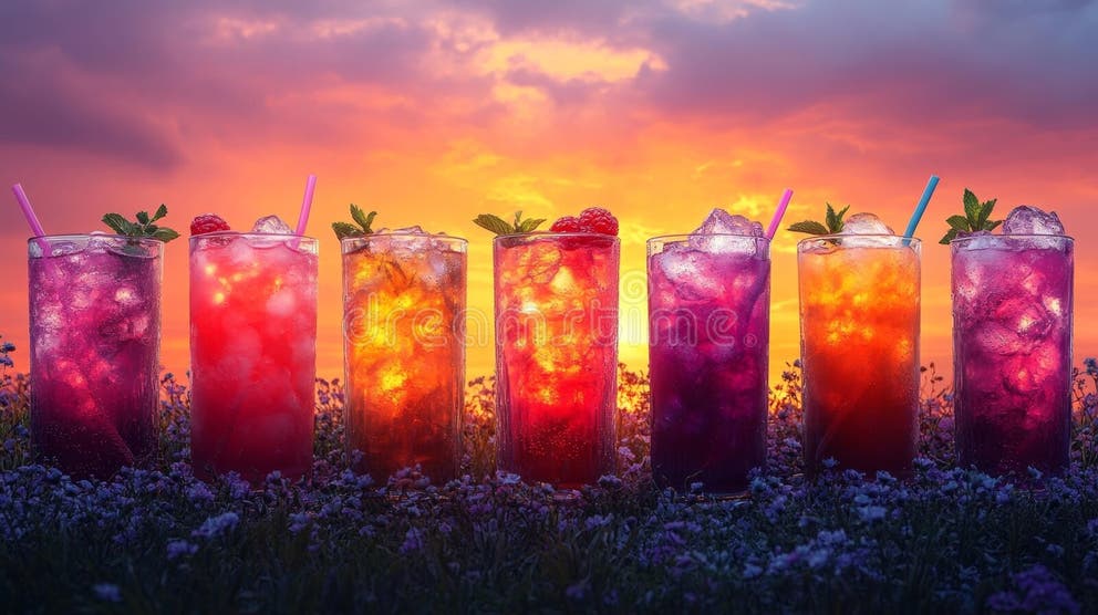 Summer Refreshments in a Field with Colorful Sunset Background Stock ...