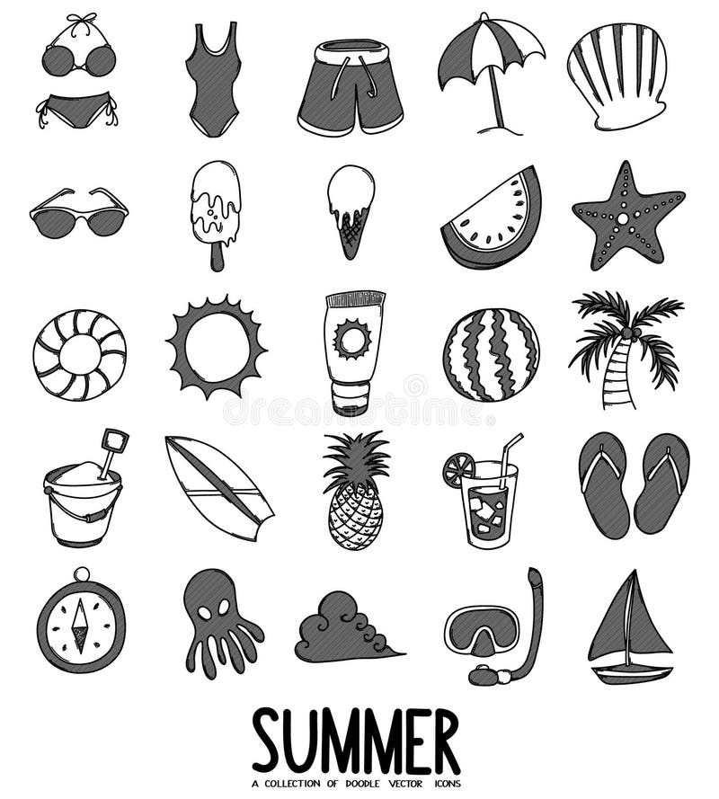 Summer Related Doodle Vector Icon Set. Drawing Sketch Illustration Hand ...