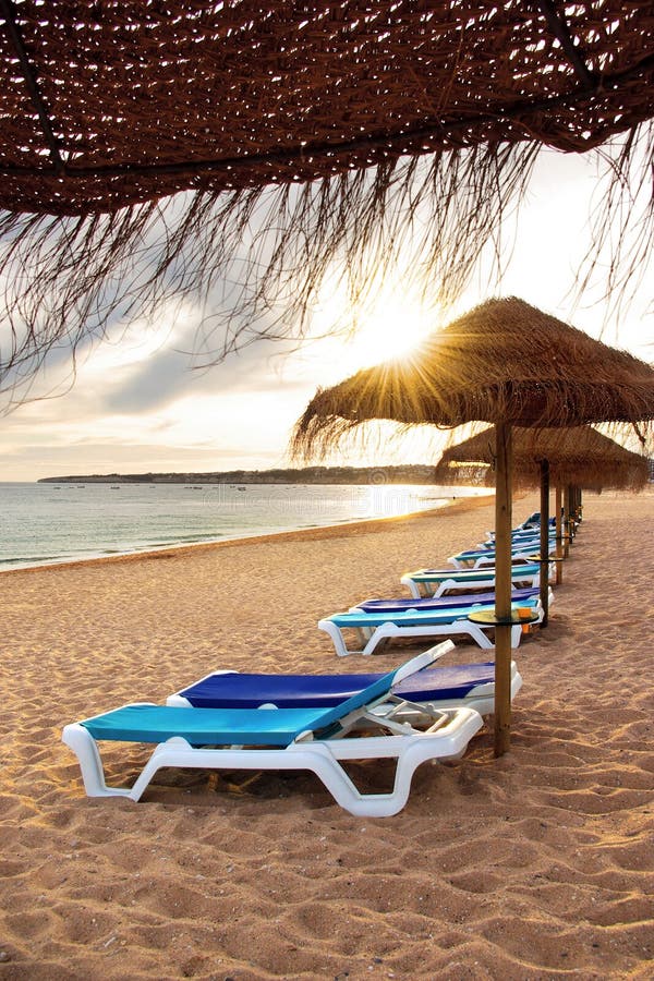 Ocean Sunset Holiday Fiji Umbrella Chairs Stock Image - Image of travel ...