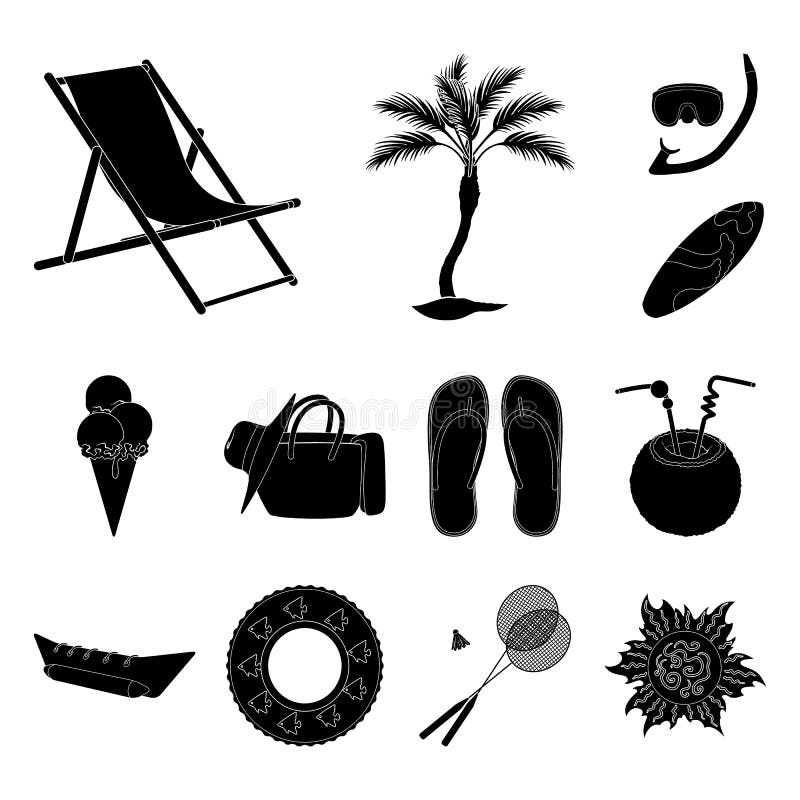 Summer Rest Black Icons in Set Collection for Design. Beach Accessory ...