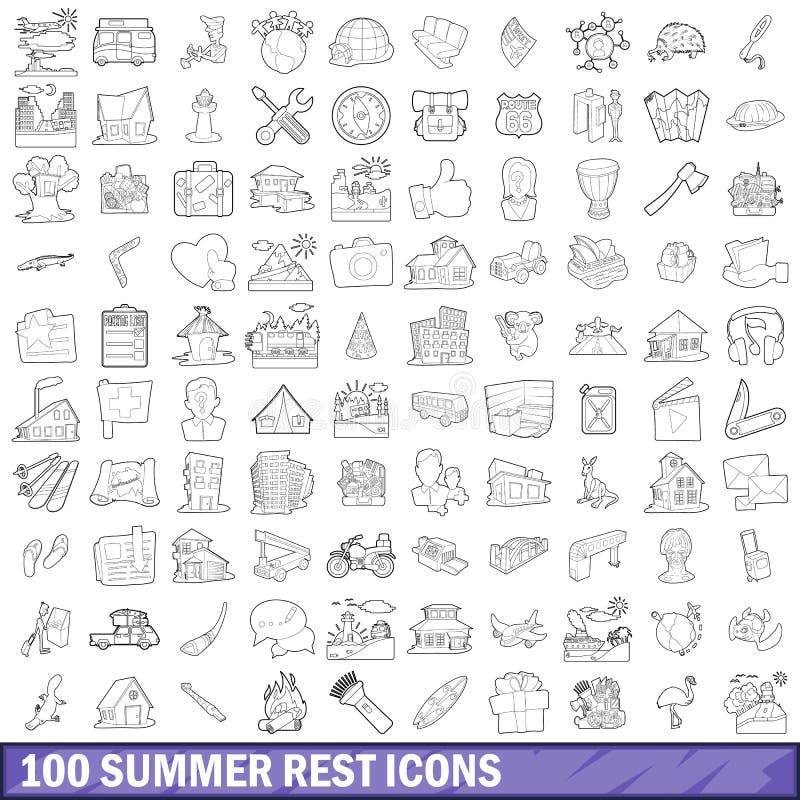 100 Summer Rest Icons Set, Outline Style Stock Vector - Illustration of ...