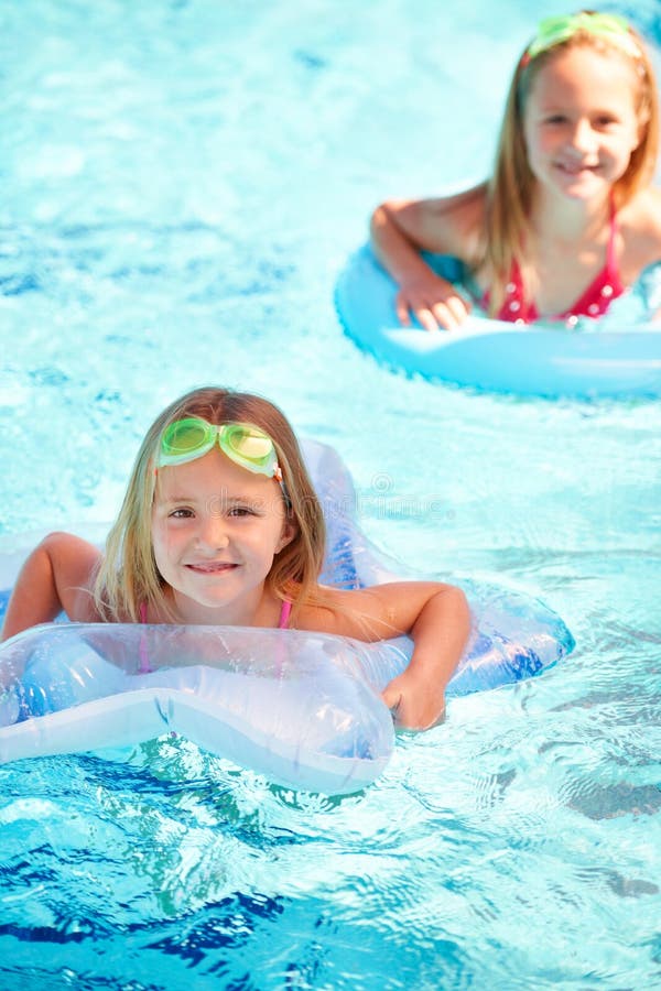 Summer Rocks. Two Cute Little Girls in Their Swimsuits at the Pool. Stock Photo - Image of ...