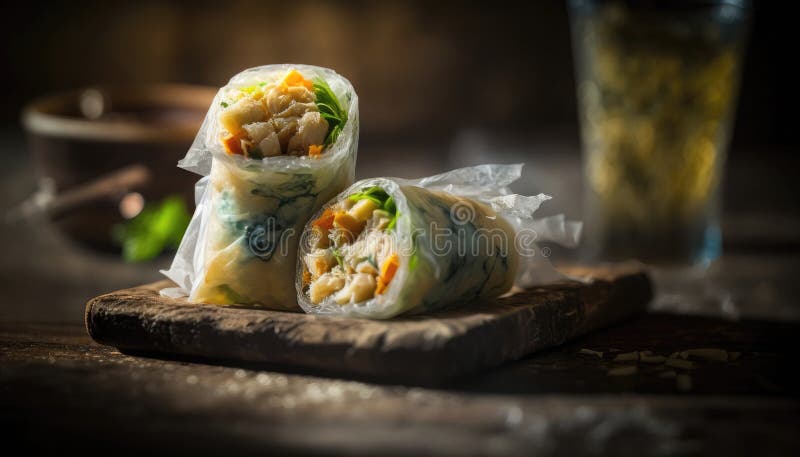 Summer Rolls on Stone, Blurred Background, Rustic Pub. Generative AI ...