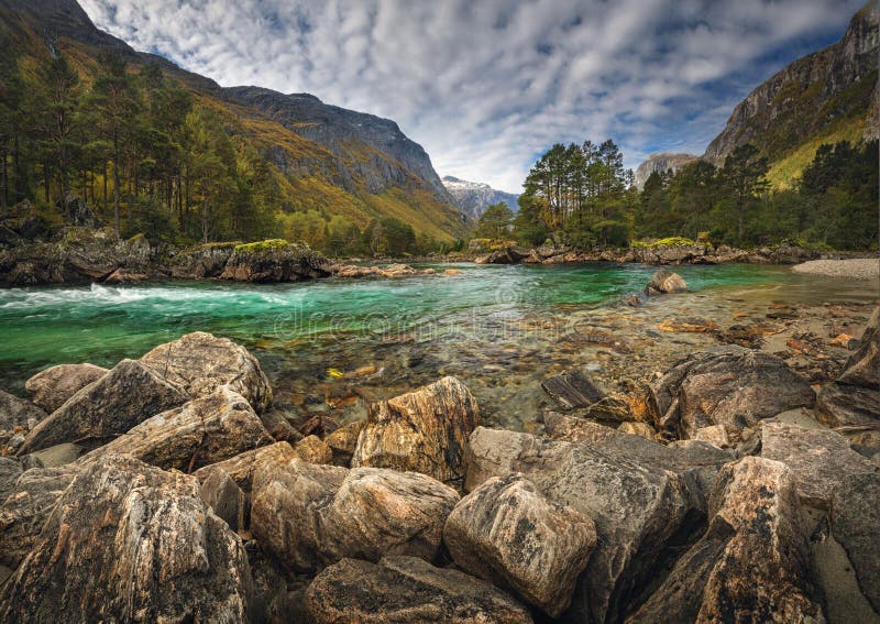 Summer in Romsdalen Valley, River Rauma. Norwegian Mountains Stock ...