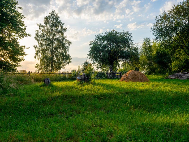 Summer Rural Landscape Green Glade Yellow Village Stack Old Wooden