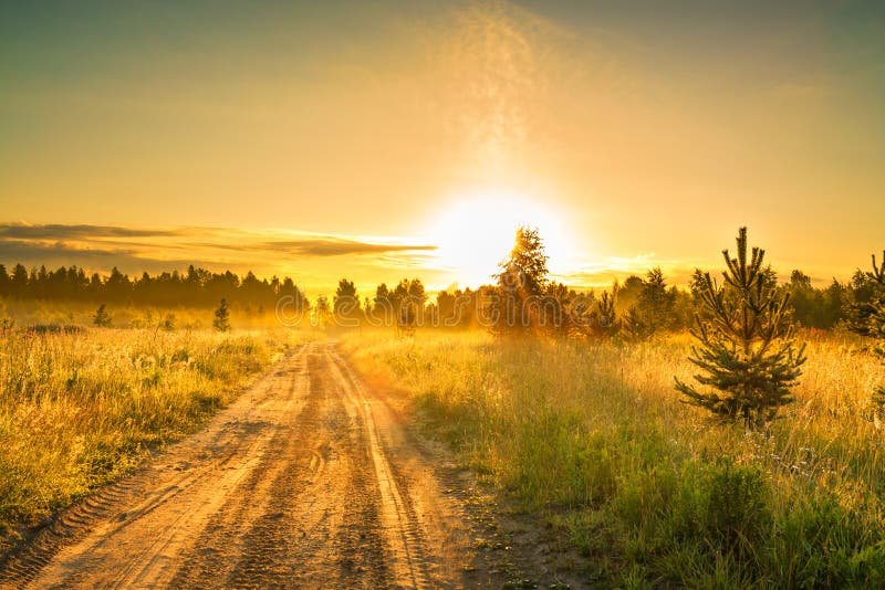 Summer Rural Landscape with Sunrise and the Road Stock Photo - Image of ...
