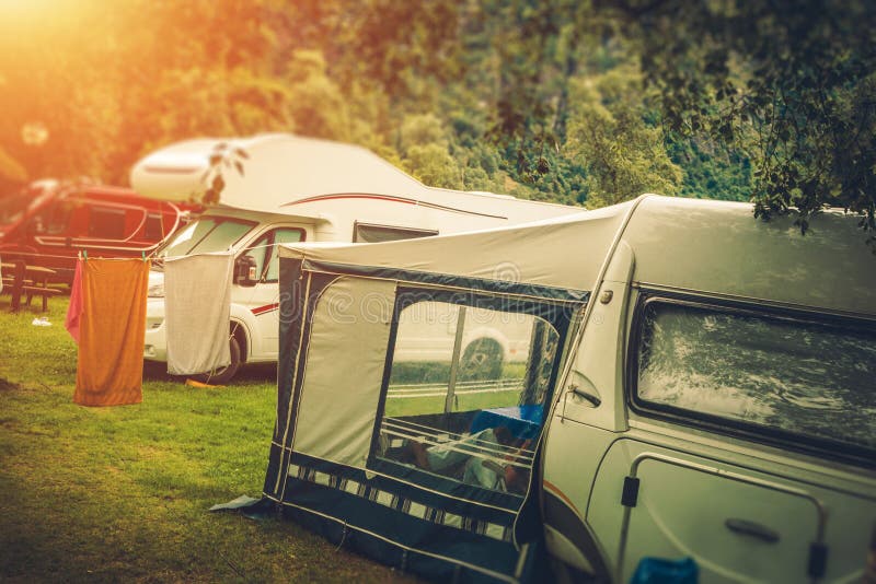 Summer RV Camper Camping stock image. Image of travel - 85453799