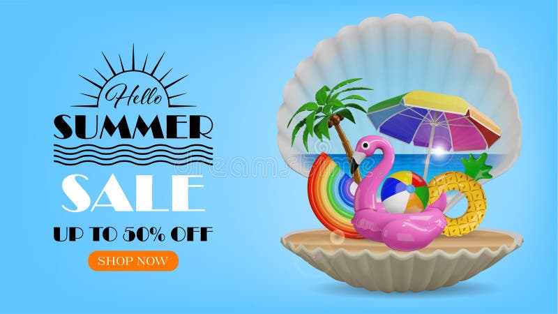 Summer Sale Banner with Beach Landscape in a Shell. Summer Banner with ...