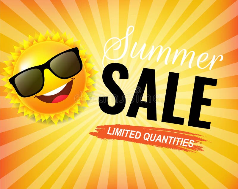 Summer Sale Poster with Text and Sun and Sunburst Background Stock ...