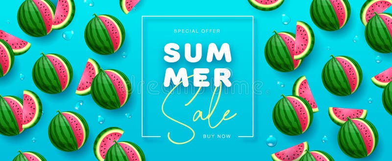Summer Sale Poster with Watermelon on Blue Background. Summer ...