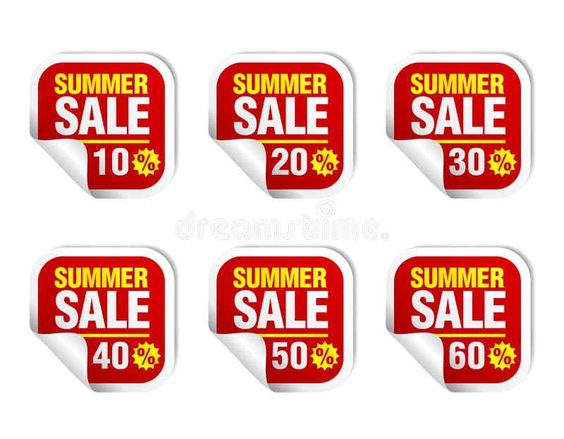 Summer Sale Red Sticker Icon Set. Sale 10 , 20 , 30 , 40 , 50 , 60 Off ...
