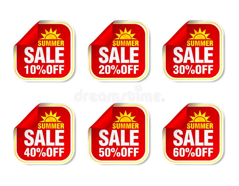 Summer Sale Red Stickers Set 10 , 20 , 30 , 40 , 50 , 60 Off Discount ...