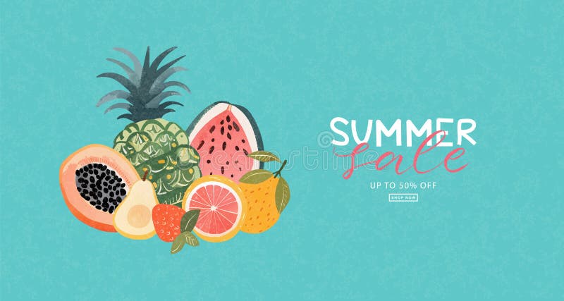Summer Sale, Tropical Fruit Banner Ad. Gouache Painted Summer Design ...