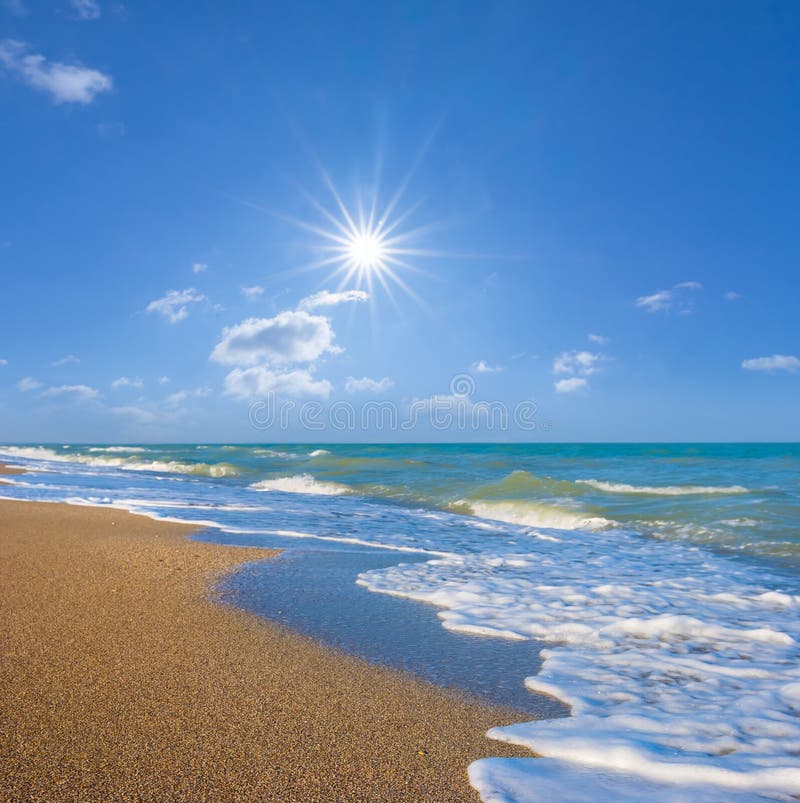 Summer Sandy Beach Amazing Sea Clear Blue Sky and White Clouds Wave ...