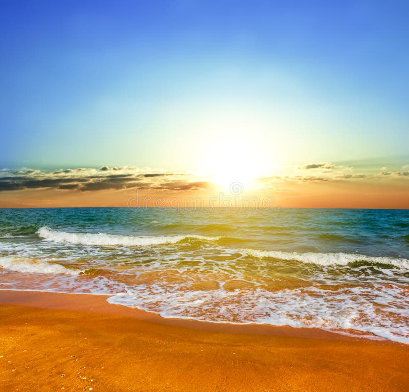Beautiful Summer Sandy Sea Beach Scene At The Sunset Stock Image ...