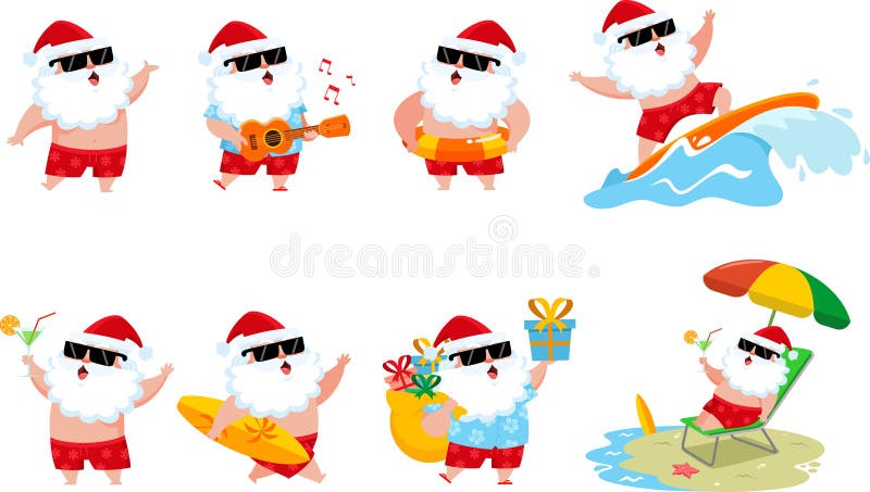 Summer Santa Claus Cartoon Character. Vector Flat Design Collection Set ...