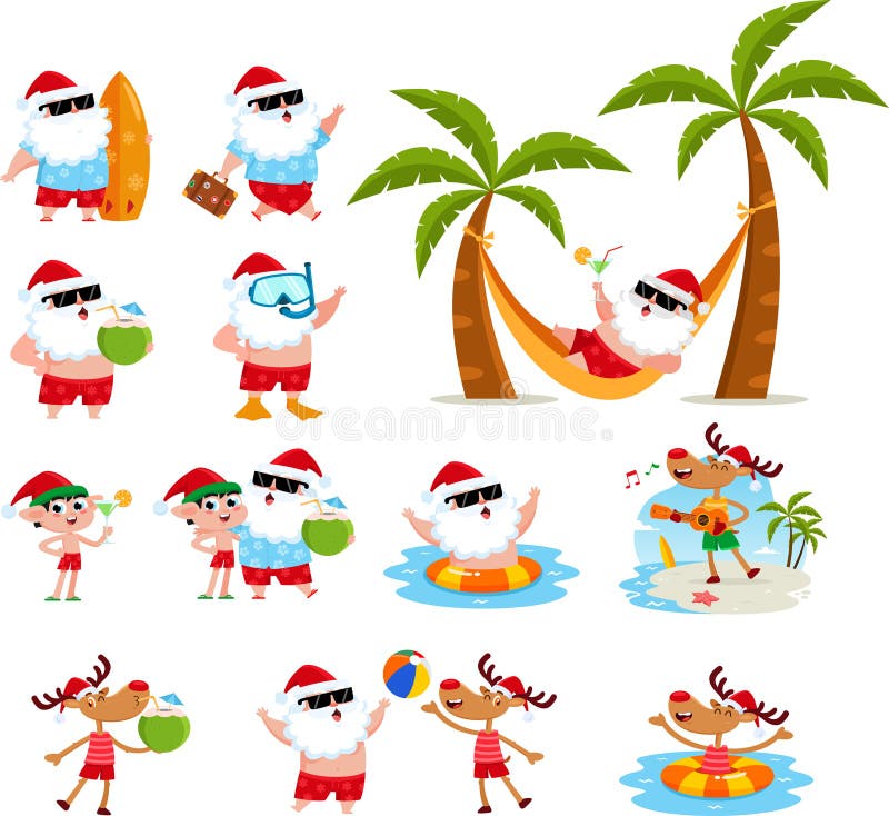 Summer Santa Claus Cartoon Characters. Vector Flat Design Collection ...