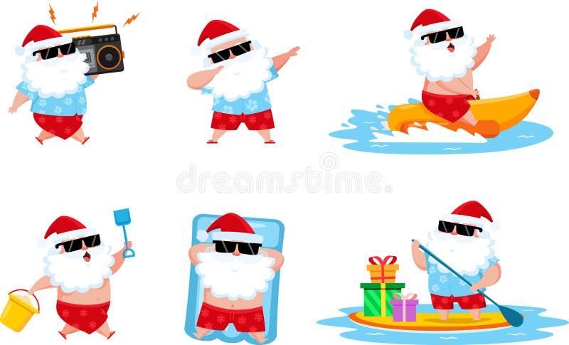 Summer Santa Claus in Different Poses. Vector Flat Design Collection ...