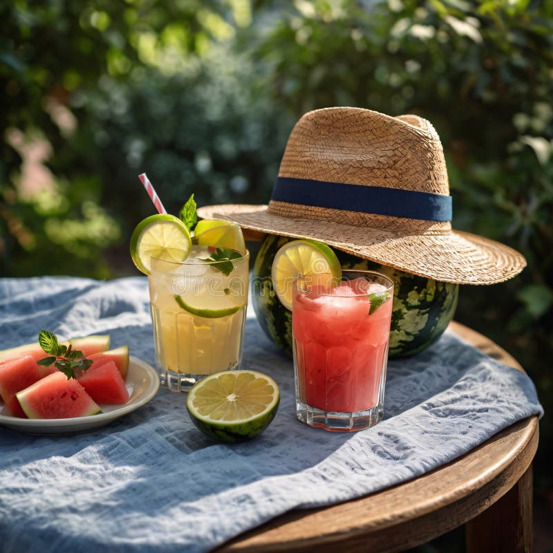 Summer Scene with Refreshing Mojito and Watermelon Drinks in the ...