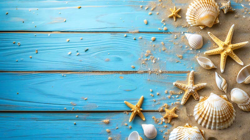 Summer Scene with Sand, Shells and a Starfish on an Old Blue Wooden ...