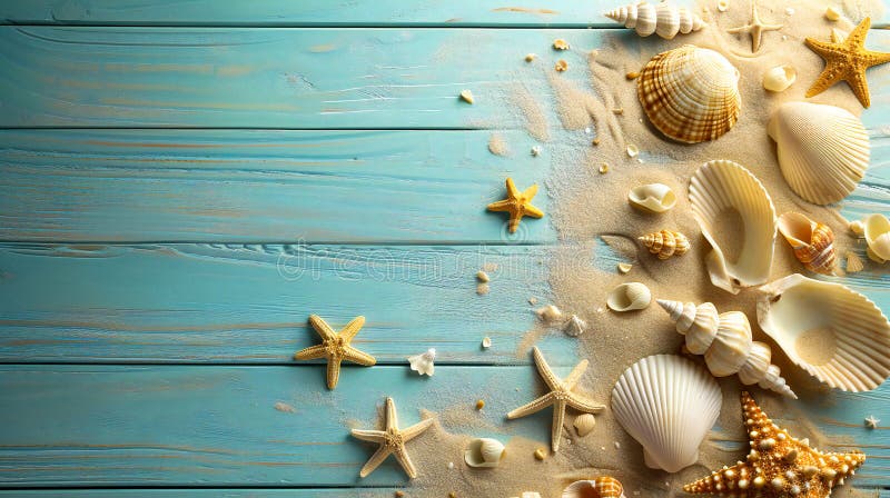 Summer Scene with Sand, Shells and a Starfish on an Old Blue Wooden ...