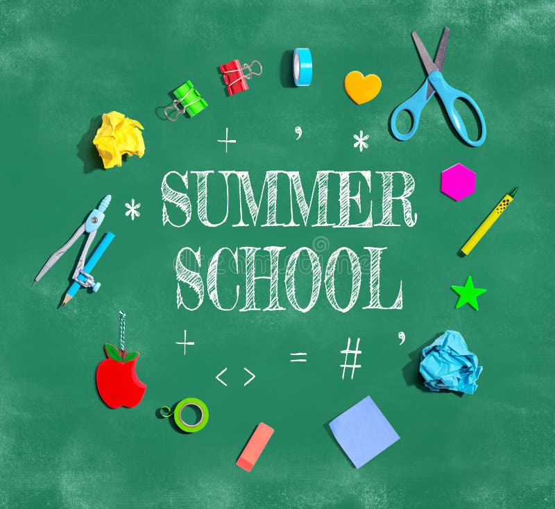 Summer School Theme with School Supplies on a Chalkboard Stock Image ...