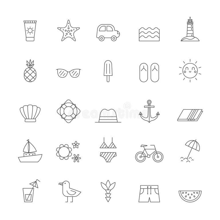 Summer and Sea Beach Outline Icon Vector Set. Stock Vector ...